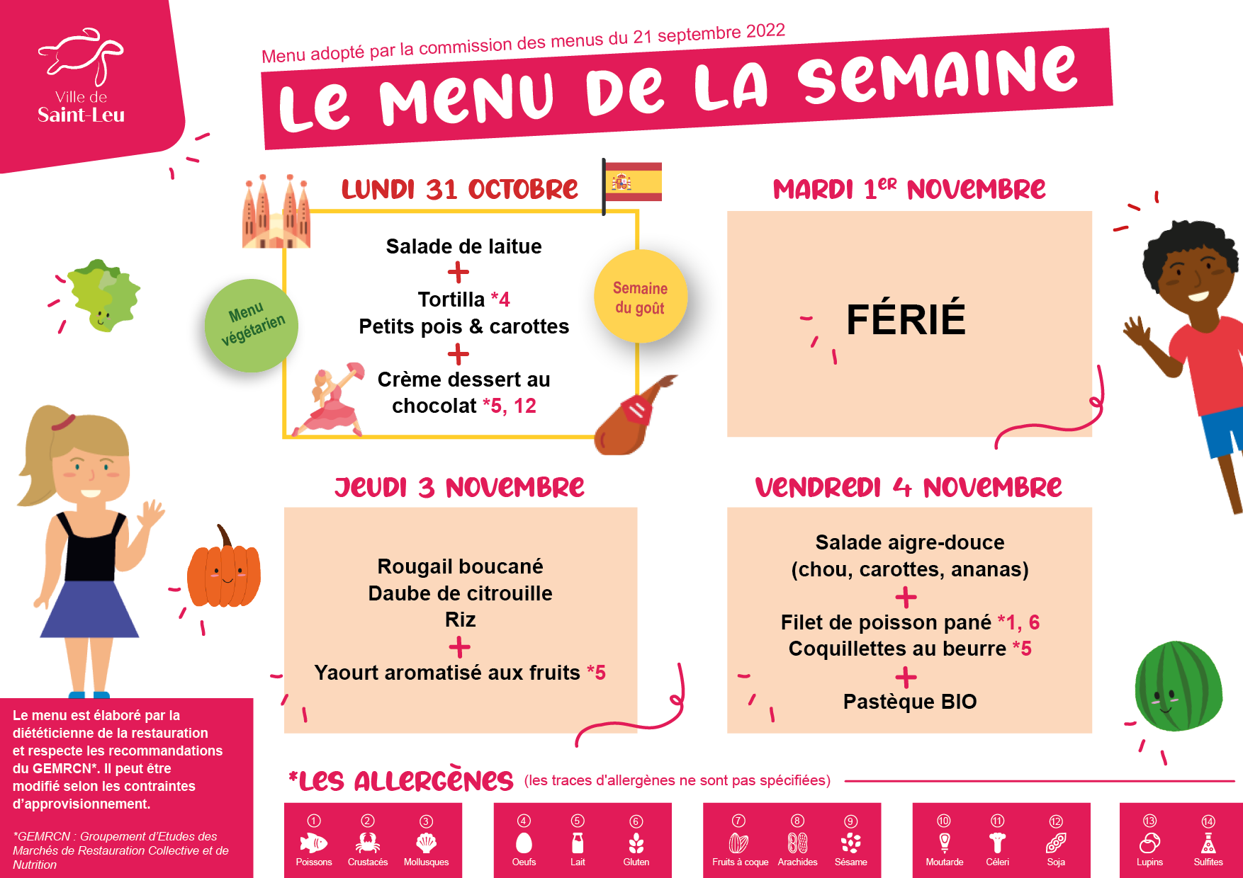 Restauration scolaire : menu du 31 octobre au 4 novembre 2022 - Saint-Leu