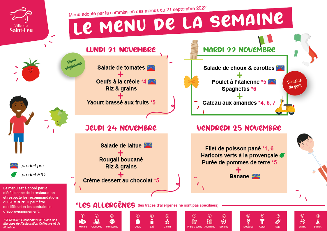 Restauration scolaire : menu du 21 au 25 novembre - Saint-Leu