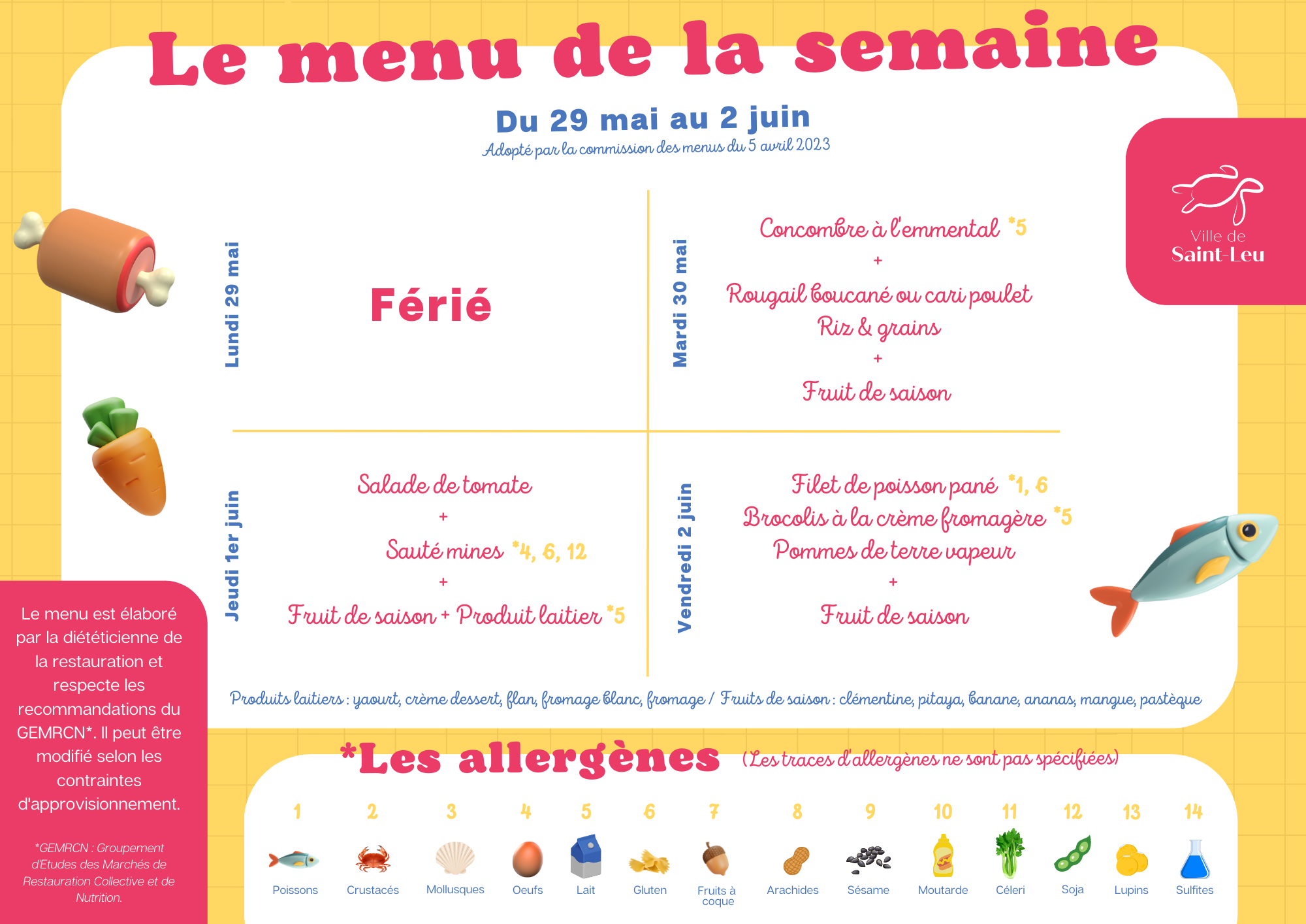 Restauration scolaire : menu du 29 mai au 2 juin - Saint-Leu